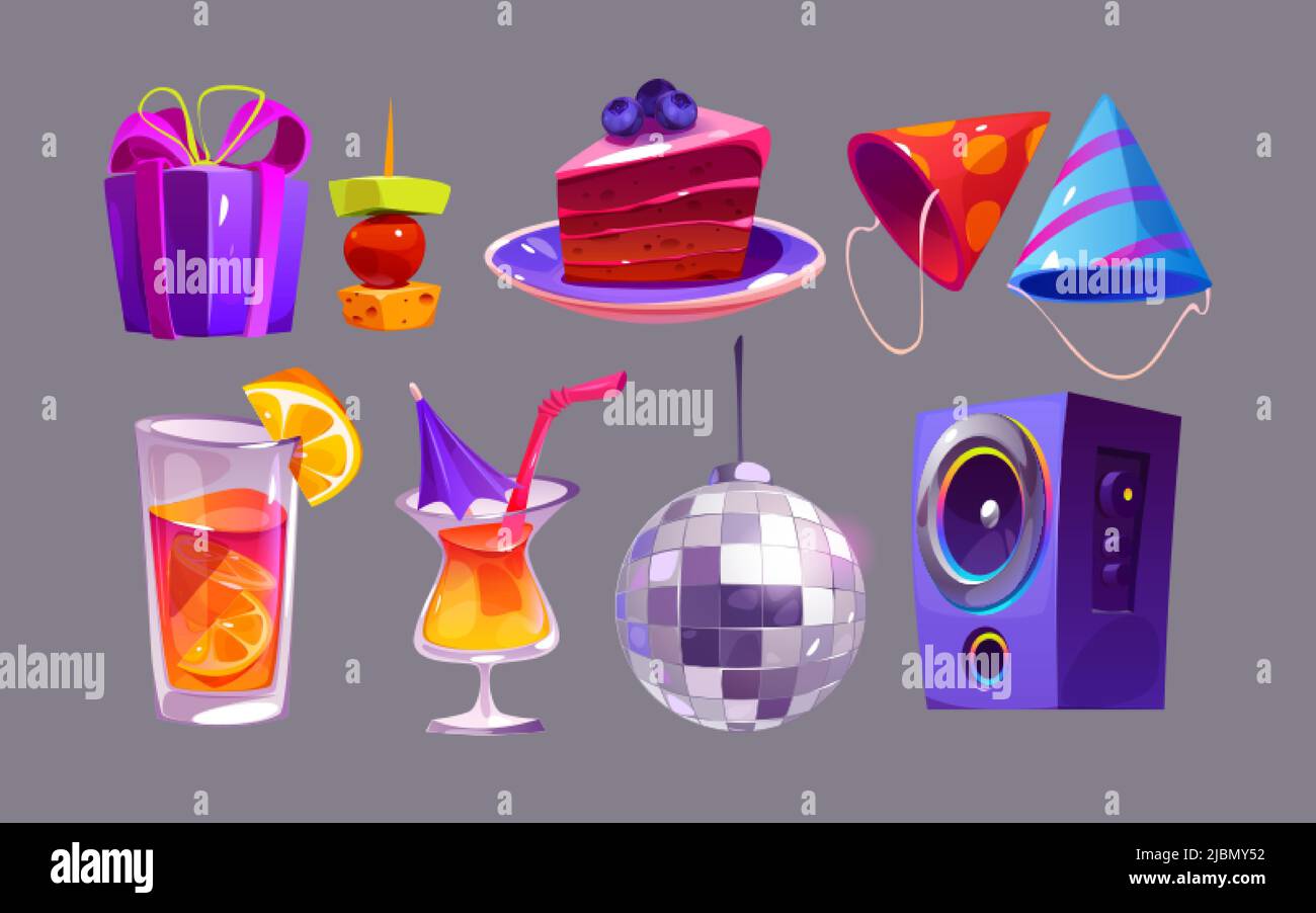 Happy birthday party set with disco ball, hats, cocktails and cake ...