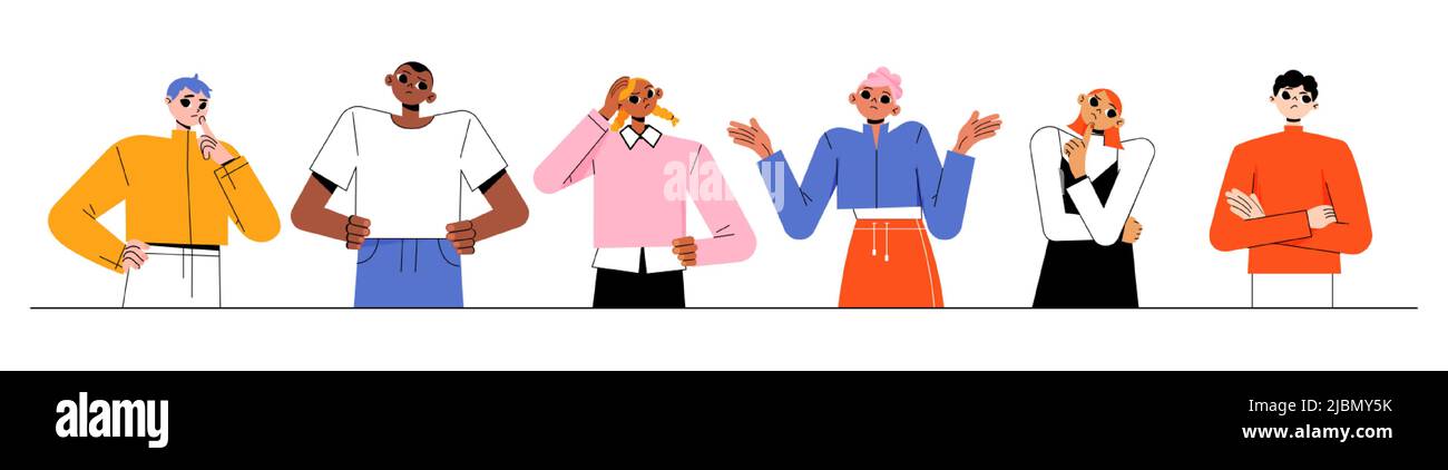 Diverse confused people doubt, think. Vector flat illustration of ...