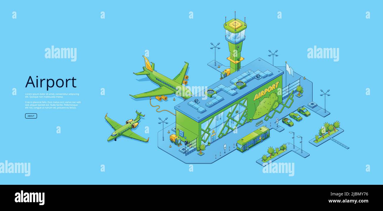 Poster with isometric airport terminal, planes on runway and traffic ...