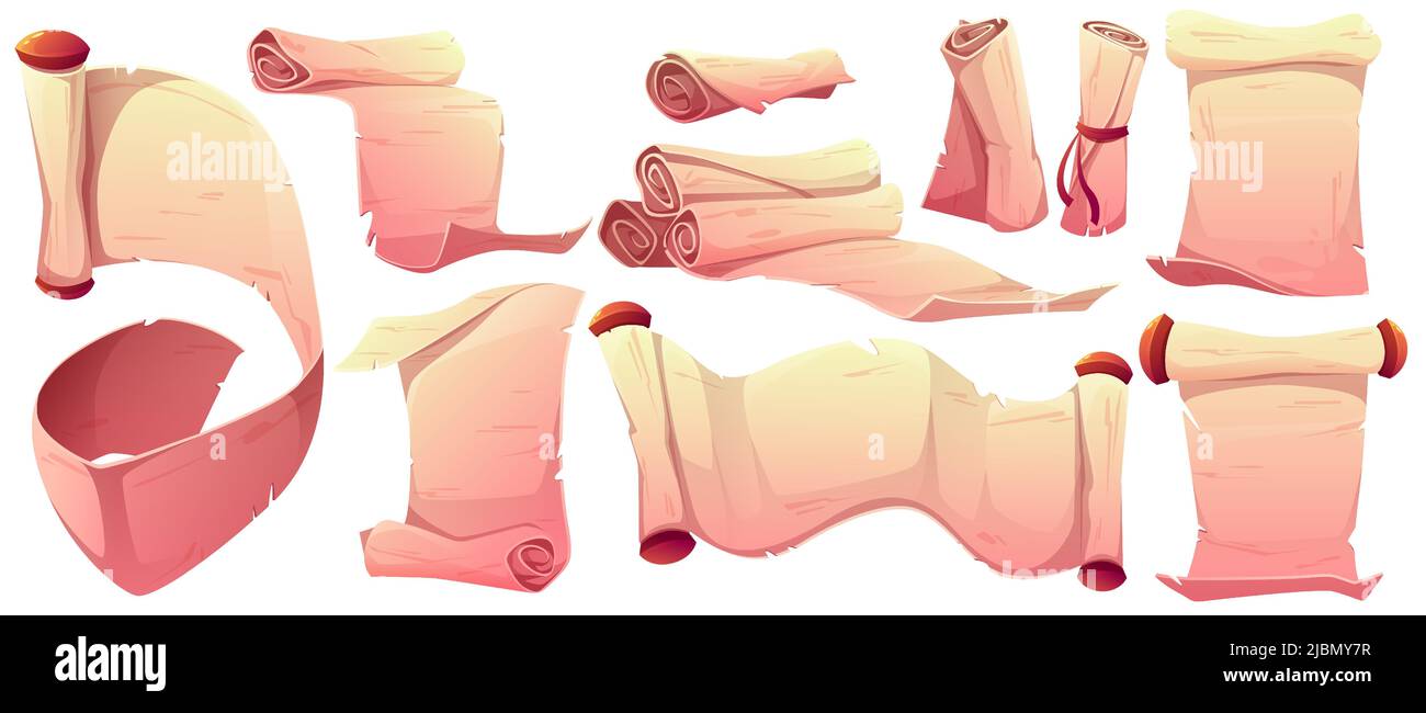 Ancient paper, parchment scrolls, antique manuscripts. Vector cartoon ...
