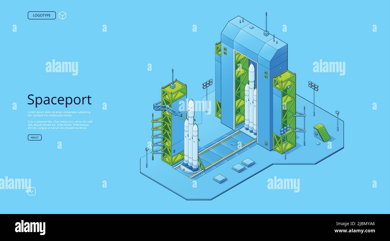 Spaceport isometric set with rocket on cosmodrome with hangar and ...