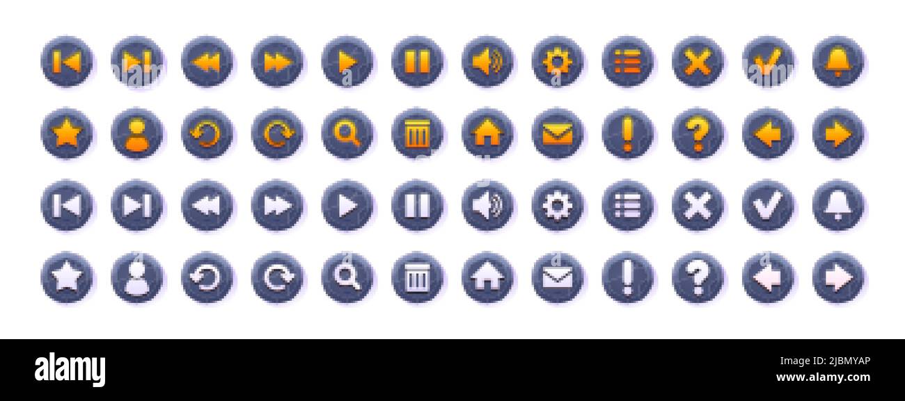 Web or game buttons with stone texture and menu icons. Vector cartoon ...