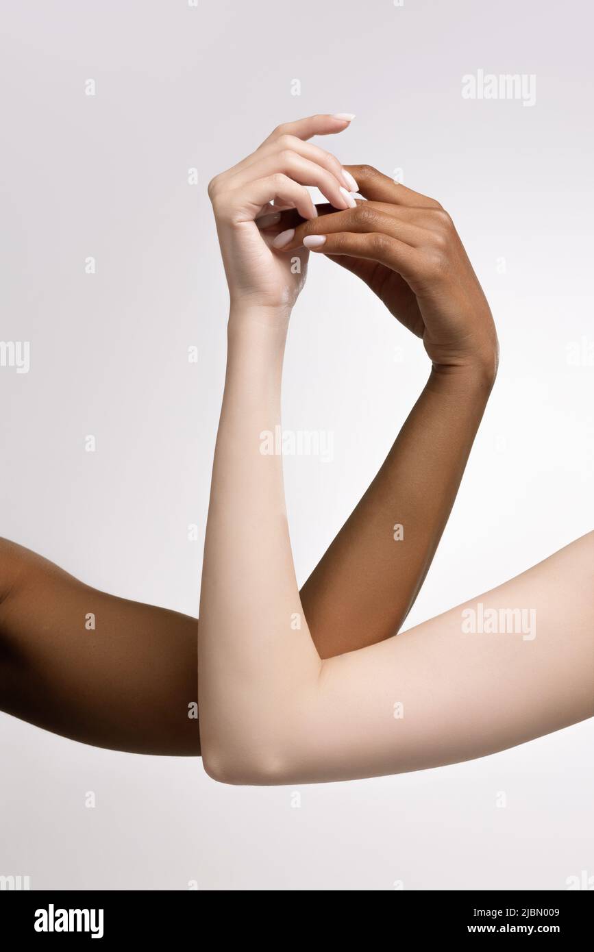 Plexus of female hands. Graceful female hands touch each other isolated ...