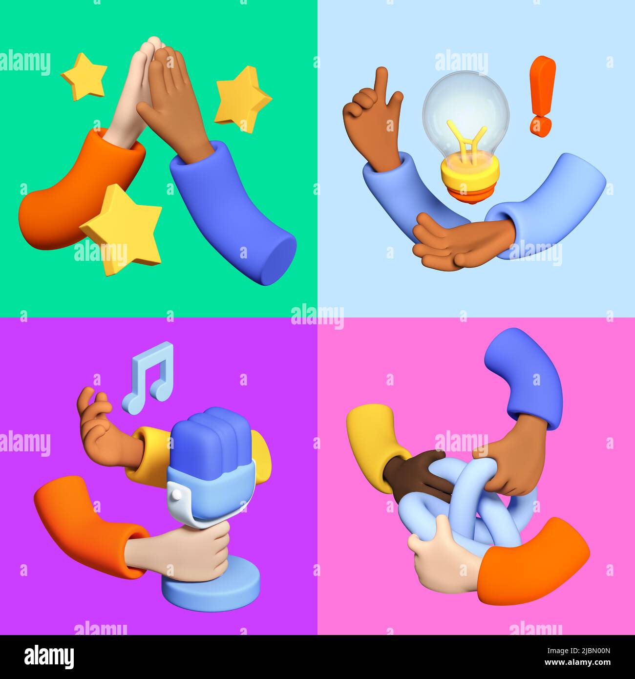 Creativity and teamwork - realistic colorful 3d illustration set. Four ...