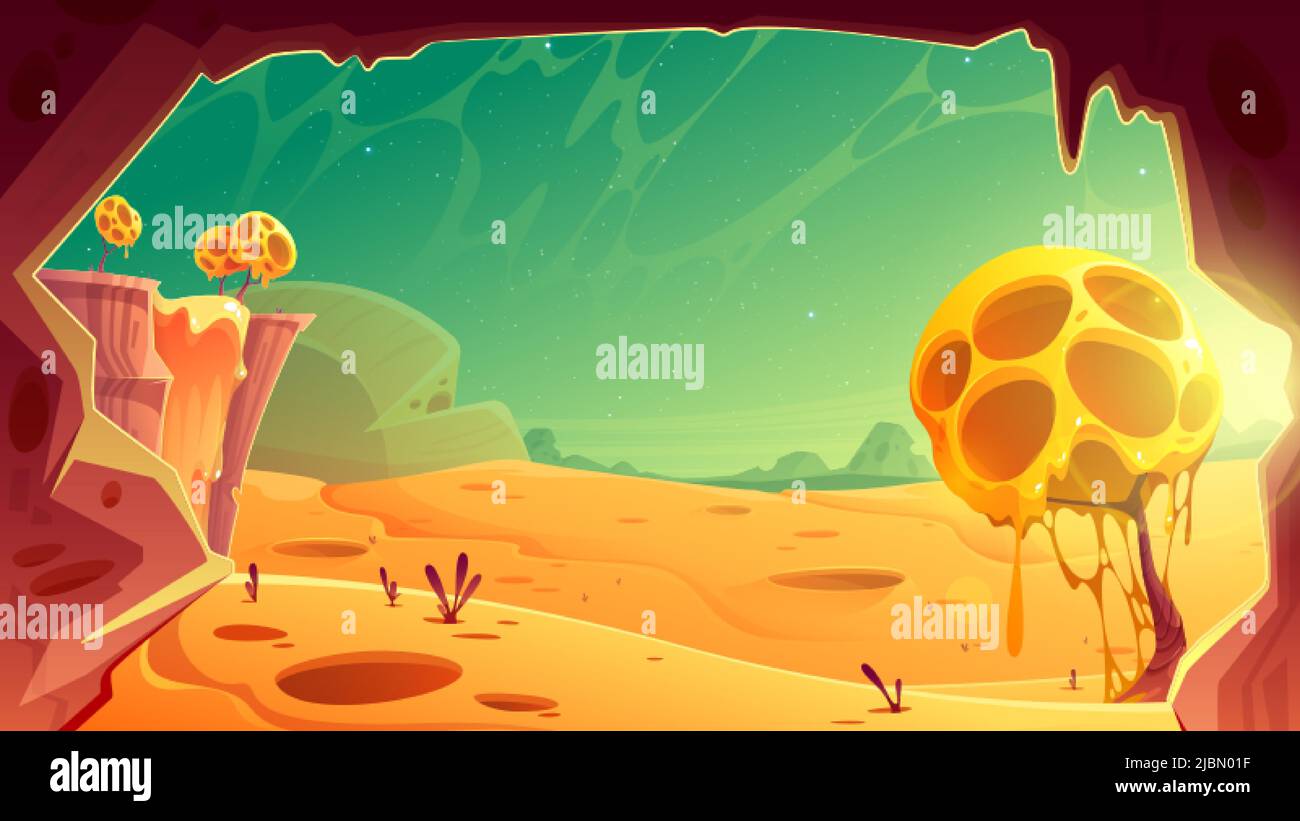 Fantasy food planet with desert, rocks and trees from cheese. Vector ...