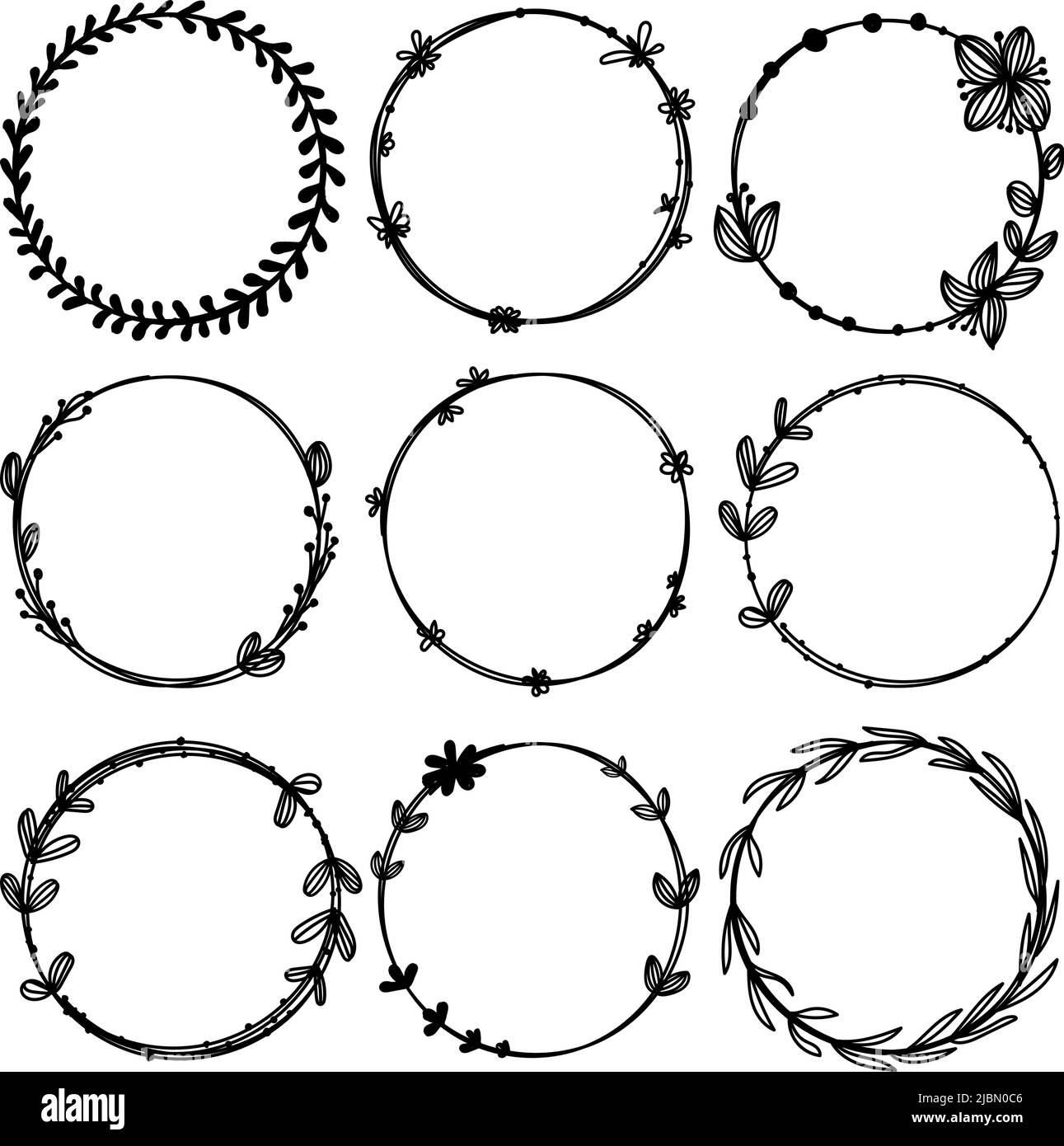 Set of hand-drawn round doodle frames. Collectible decorative round ...