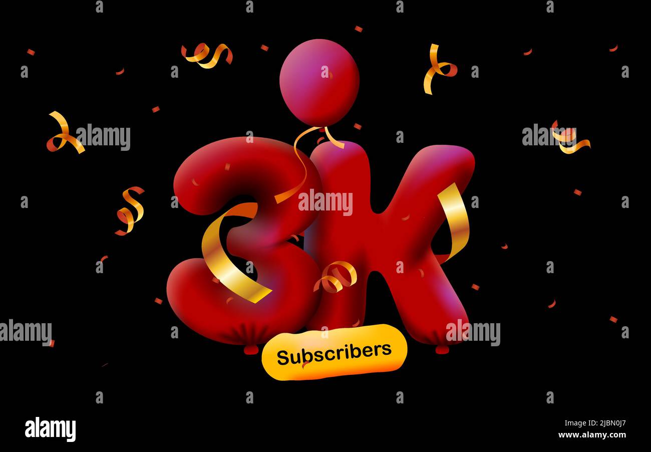 Banner With 3k Followers Thank You In Form 3d Red Balloons And Colorful