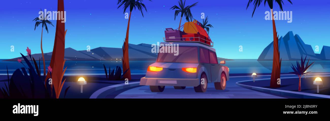Car drive on road on sea beach at night. Vector cartoon illustration of ...