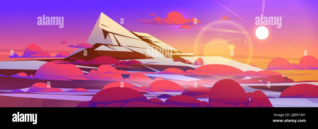 High mountain top landscape at sunset. Vector cartoon illustration of ...