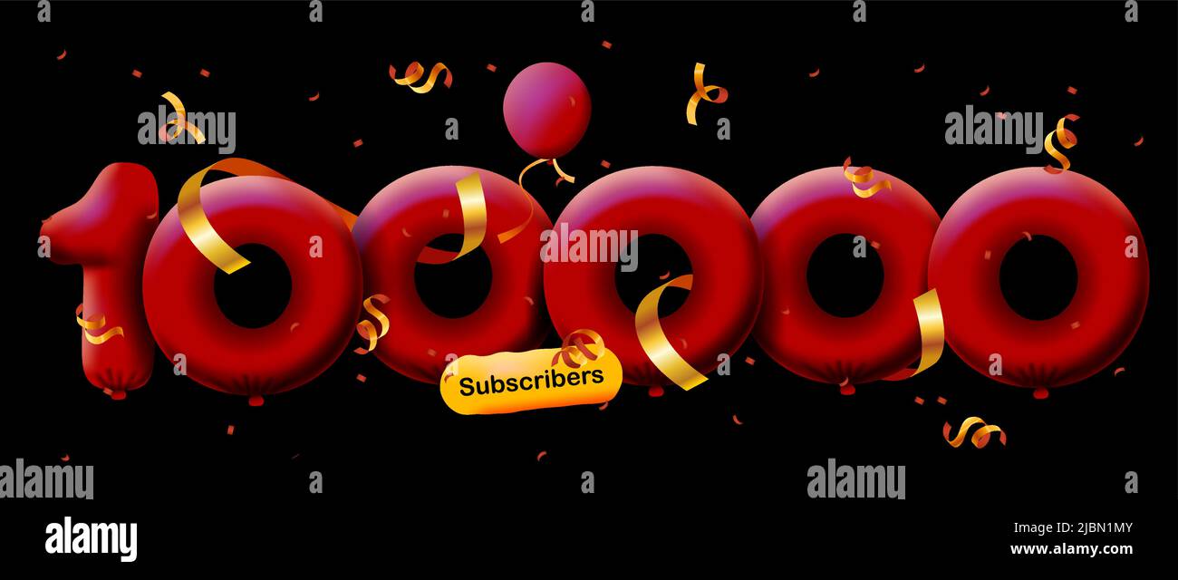 Banner with 100000 followers thank you in form of 3d red balloons and ...