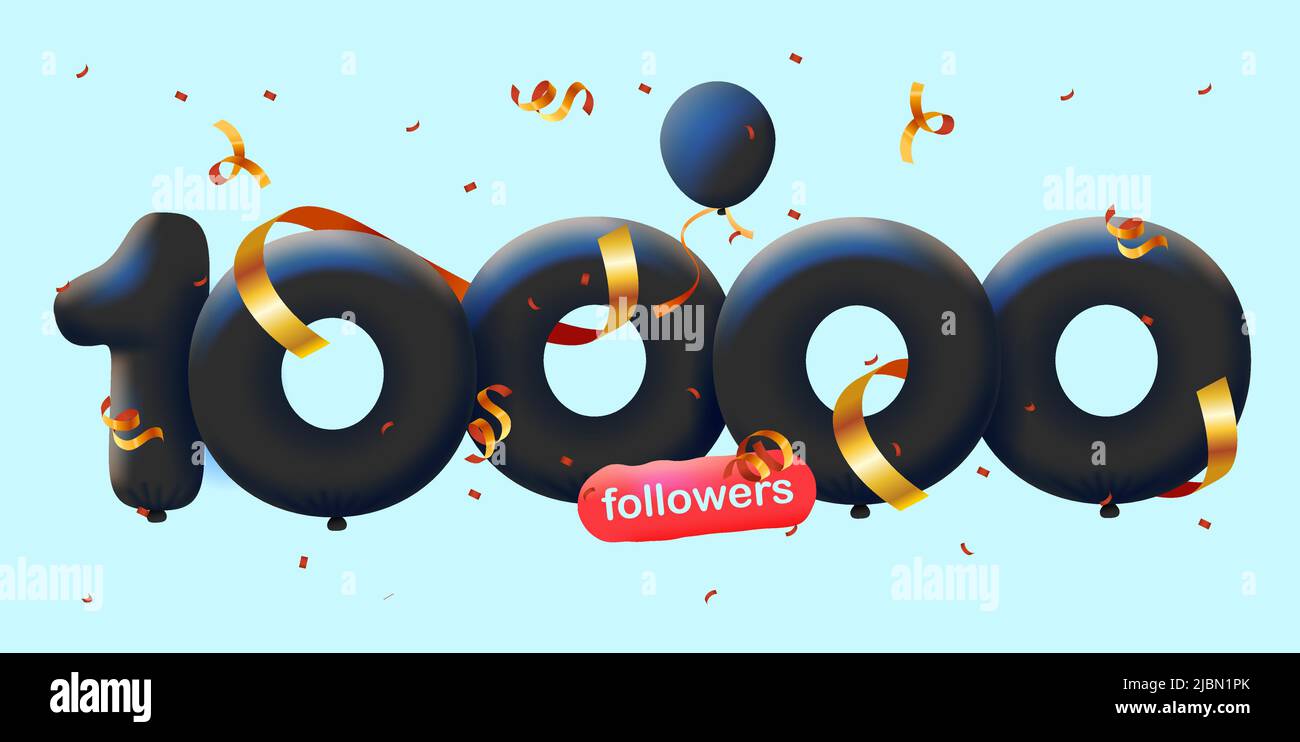 Banner with 10K followers thank you in form of 3d black balloons and ...