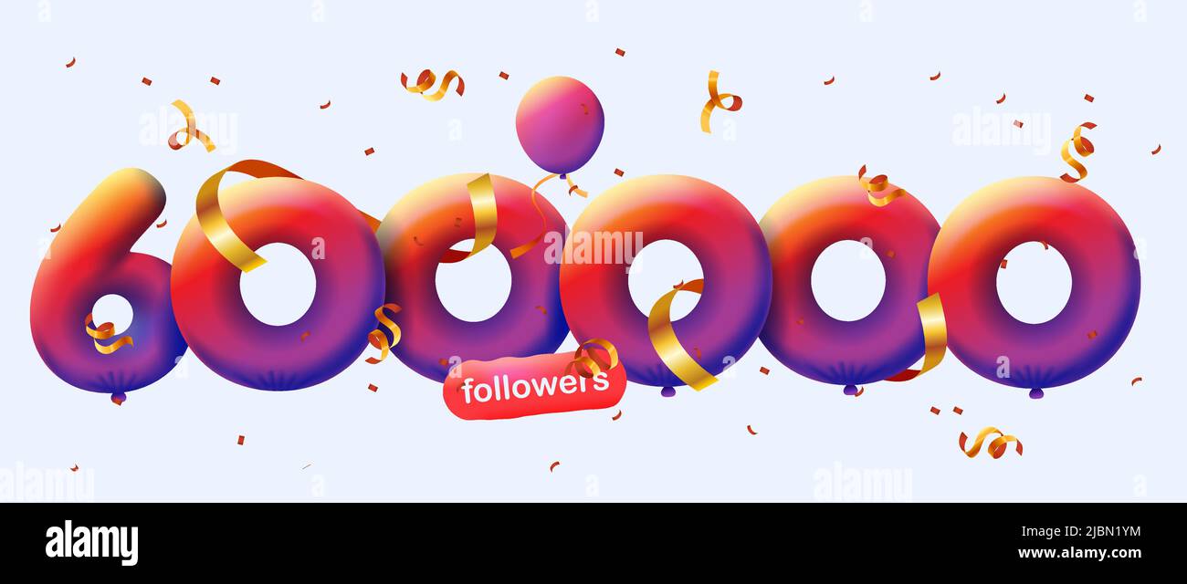 Banner with 600000 followers thank you in form of 3d red balloons and ...