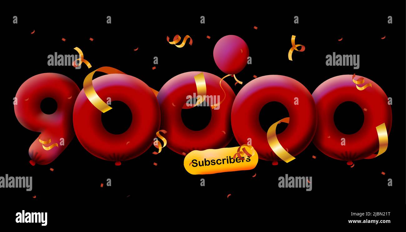 Banner with 90000 followers thank you in form of 3d red balloons and ...