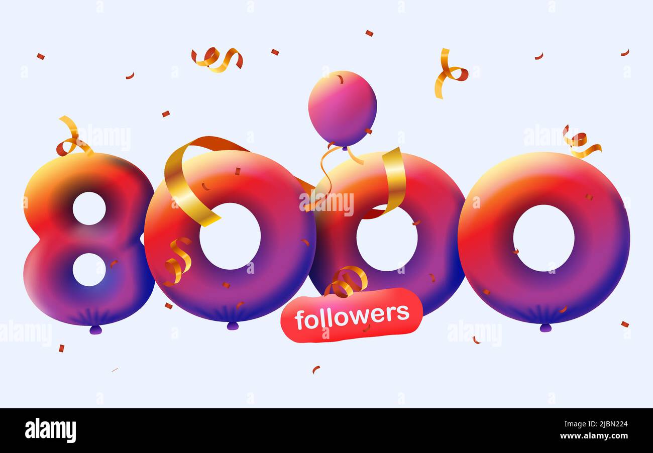 Banner with 8K followers thank you in form of 3d red balloons and ...