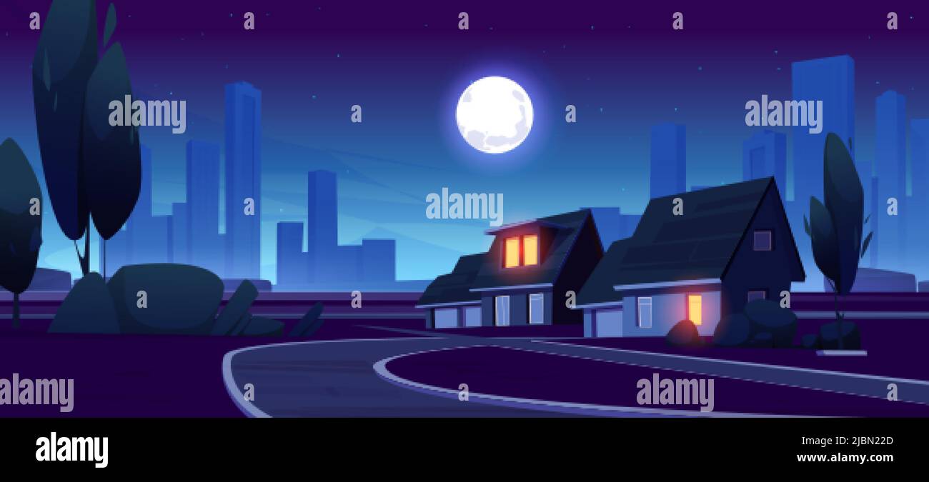 Night suburb district with houses, road and city buildings on skyline ...