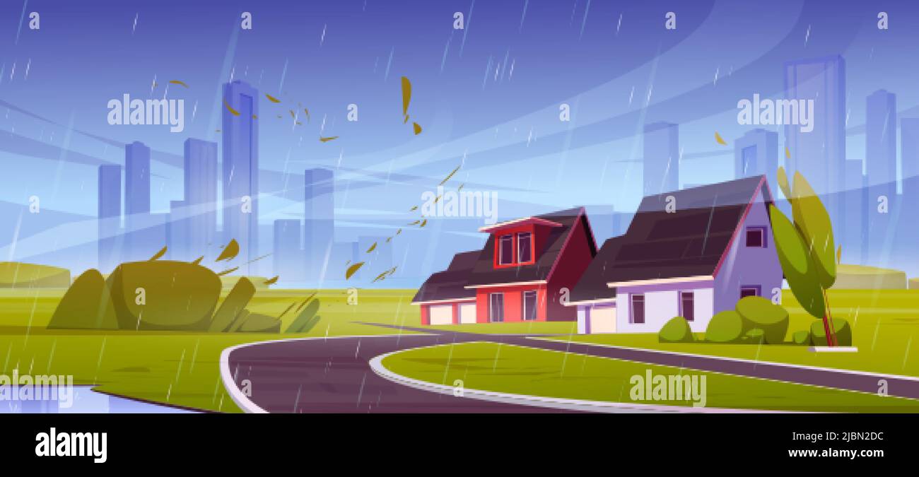 Storm with wind and rain in suburb district with houses. Vector cartoon ...