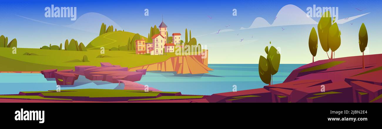 Summer landscape with sea harbor, city on island and wooden bridge over ...