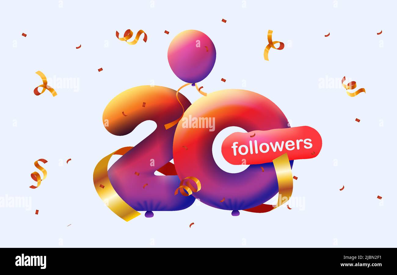 Banner With 20 Followers Thank You In Form Of 3d Red Balloons And
