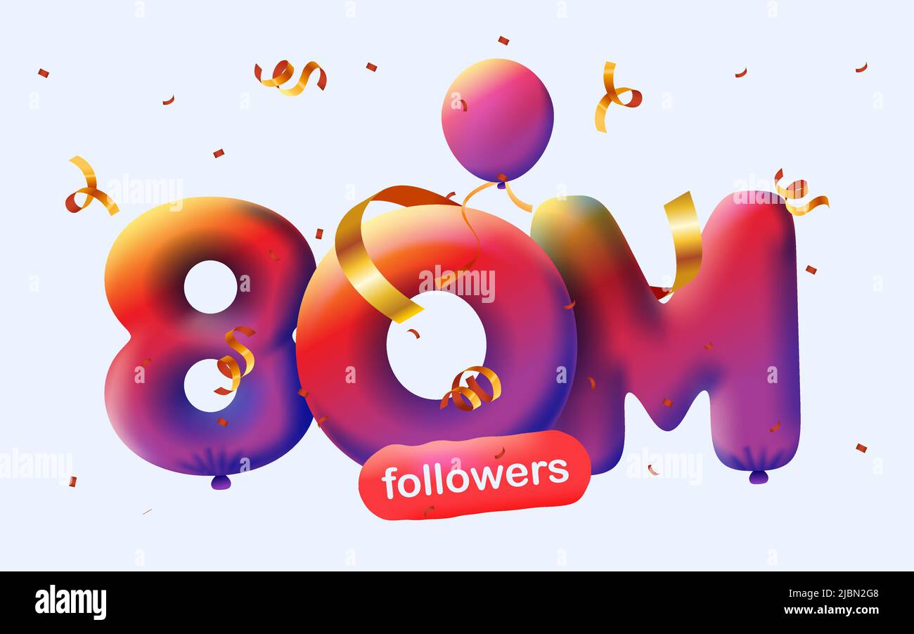 Banner with 80M followers thank you in form 3d red balloons and ...