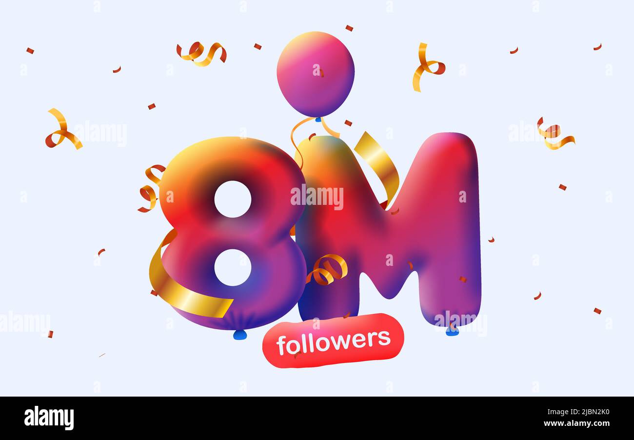 Banner with 8M followers thank you in form of 3d red balloons and ...