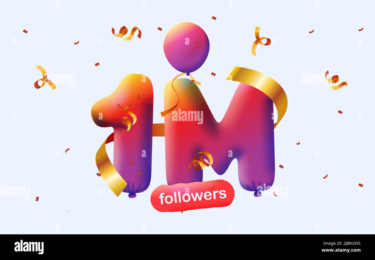 Banner with 1M followers thank you in form of 3d red balloons and ...