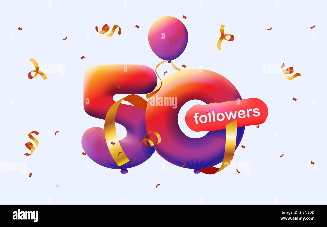 Banner With 50 Followers Thank You In Form Of 3d Red Balloons And