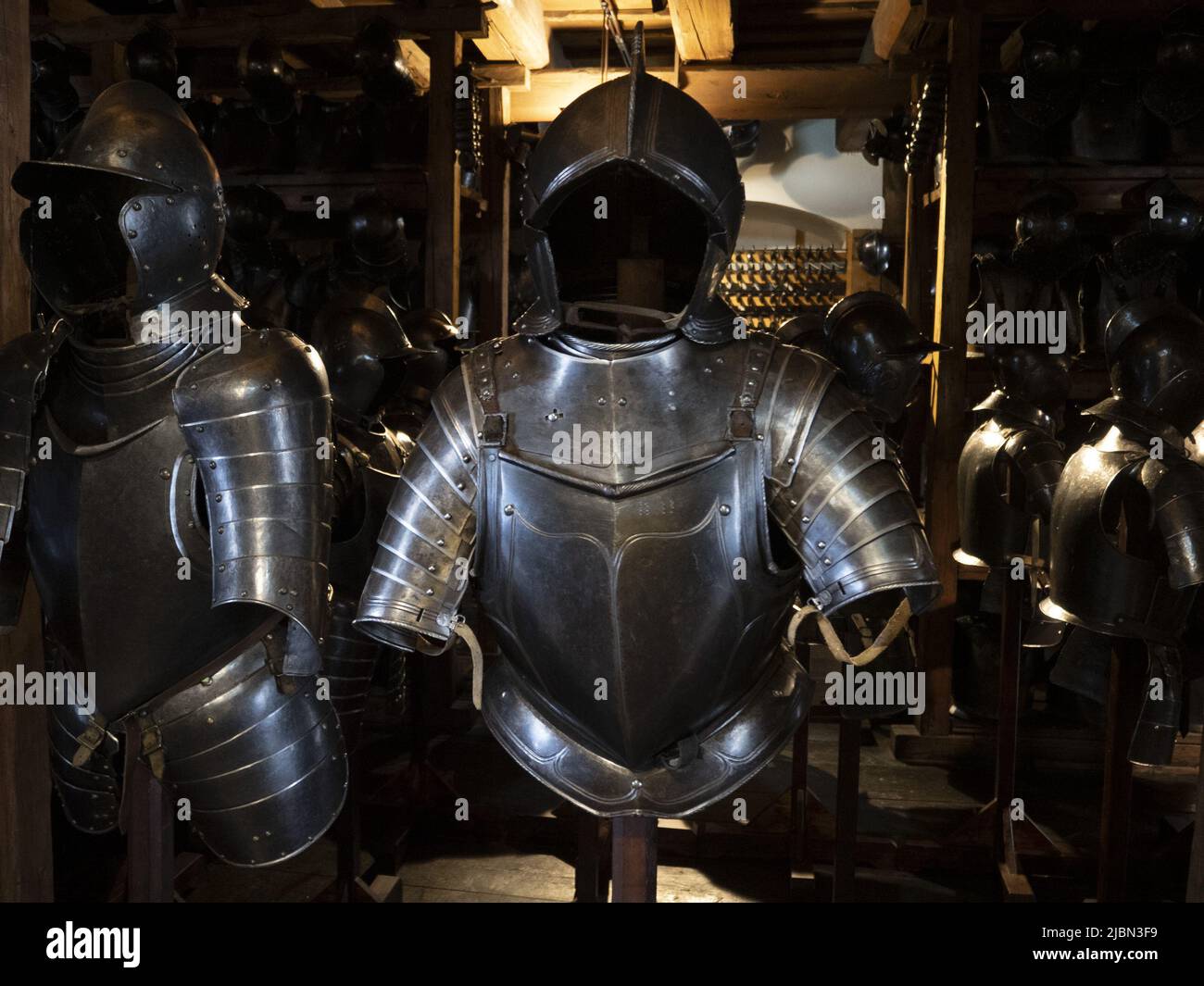 many medieval iron metal armors detail Stock Photo - Alamy
