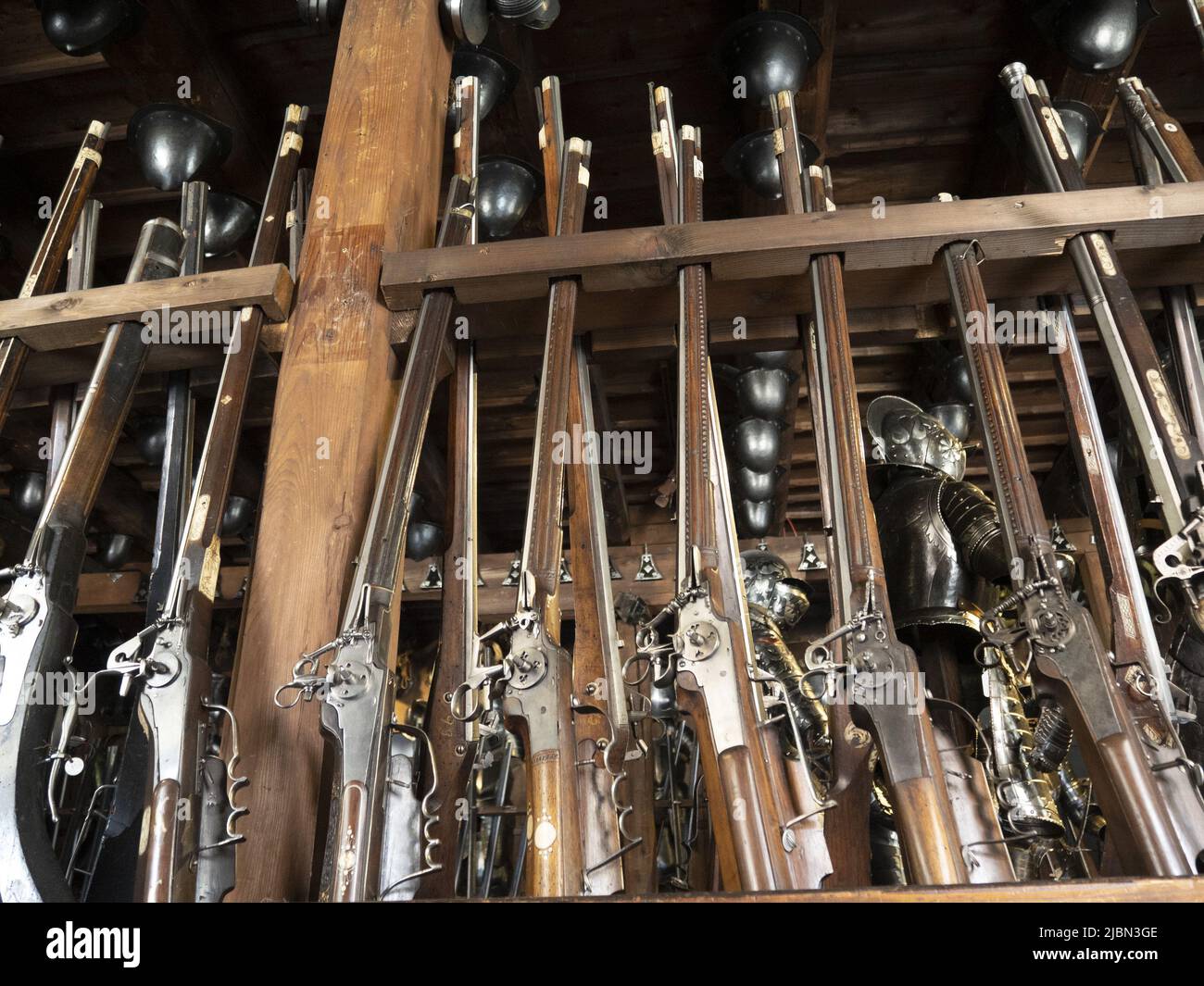 many medieval iron wood fusils detail Stock Photo - Alamy