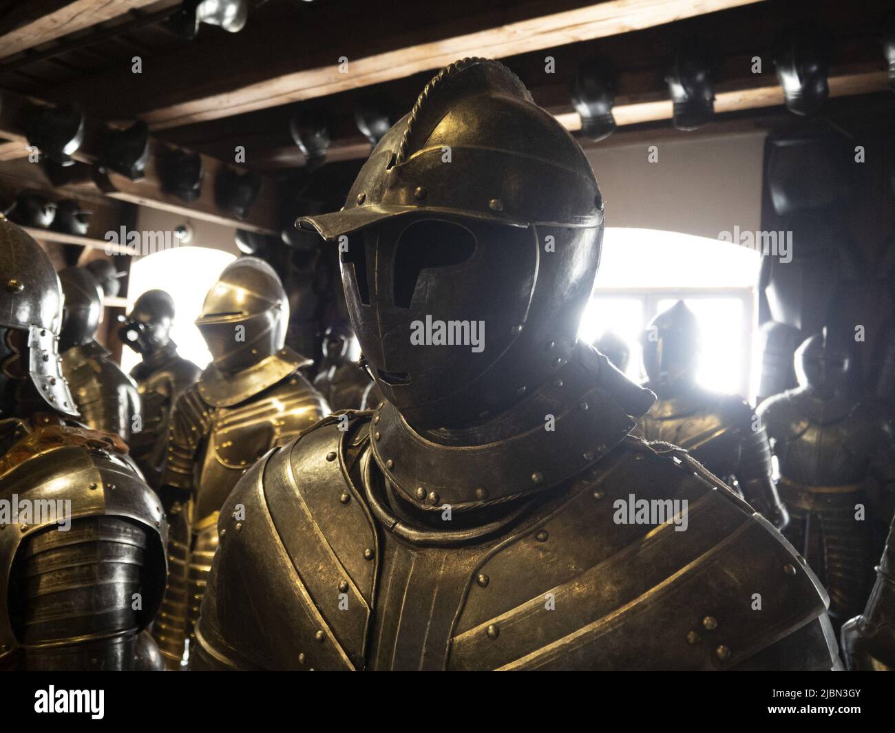 many medieval iron metal armors detail Stock Photo - Alamy