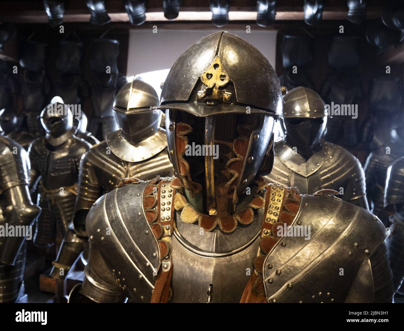 many medieval iron metal armors detail Stock Photo - Alamy
