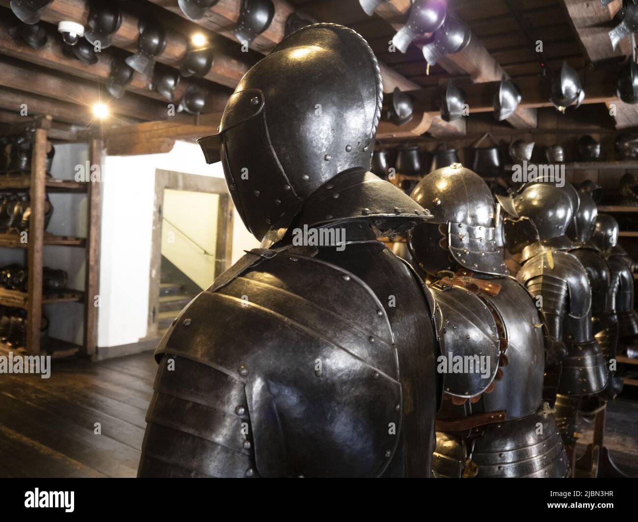 many medieval iron metal armors detail Stock Photo - Alamy