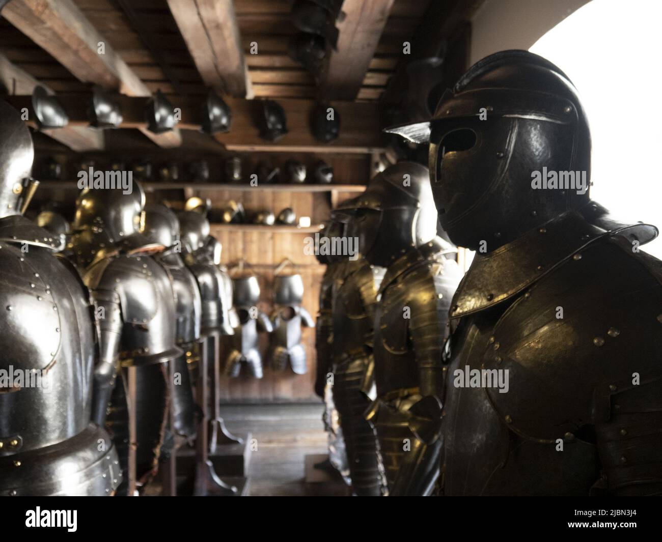 many medieval iron metal armors detail Stock Photo - Alamy