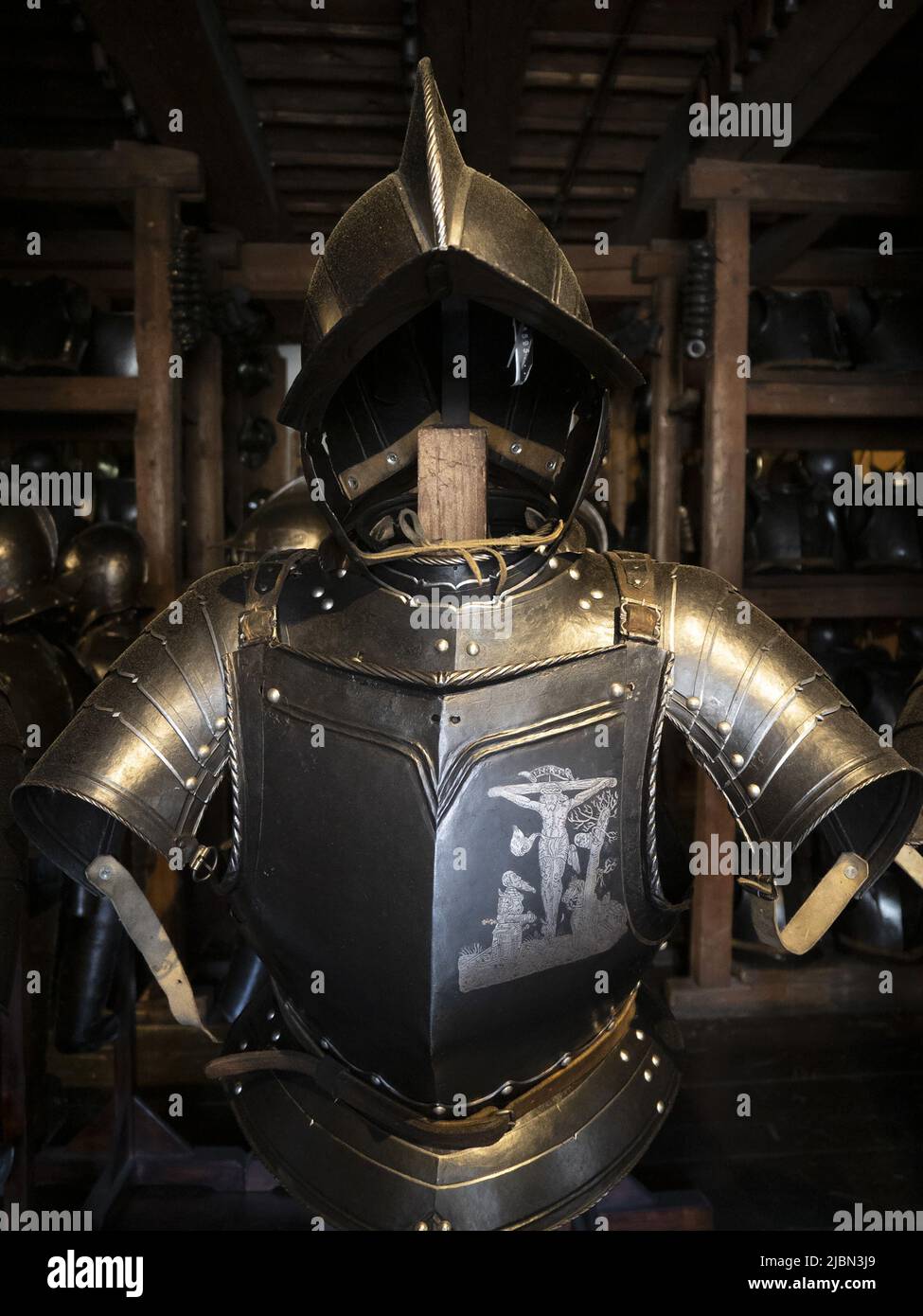 many medieval iron metal armors detail Stock Photo - Alamy