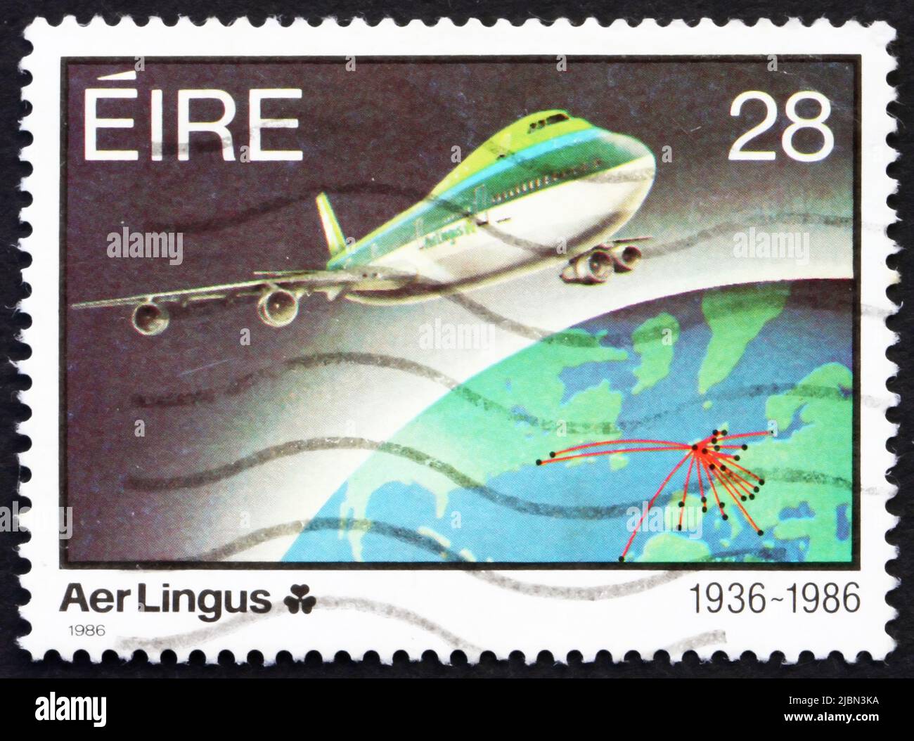 IRELAND - CIRCA 1986: a stamp printed in the Ireland shows Jet plane ...