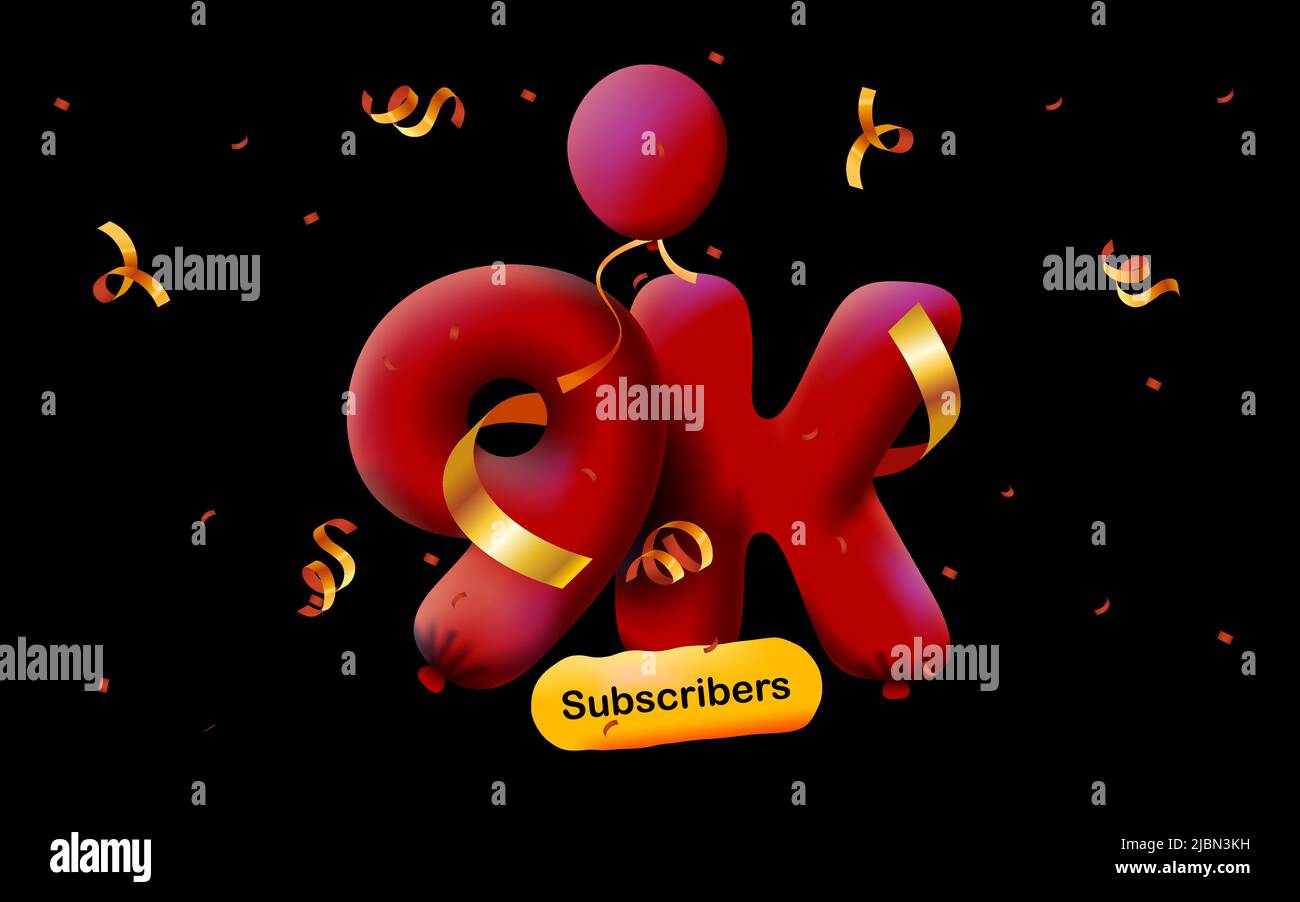 Banner with 9K followers thank you in form 3d red balloons and colorful ...