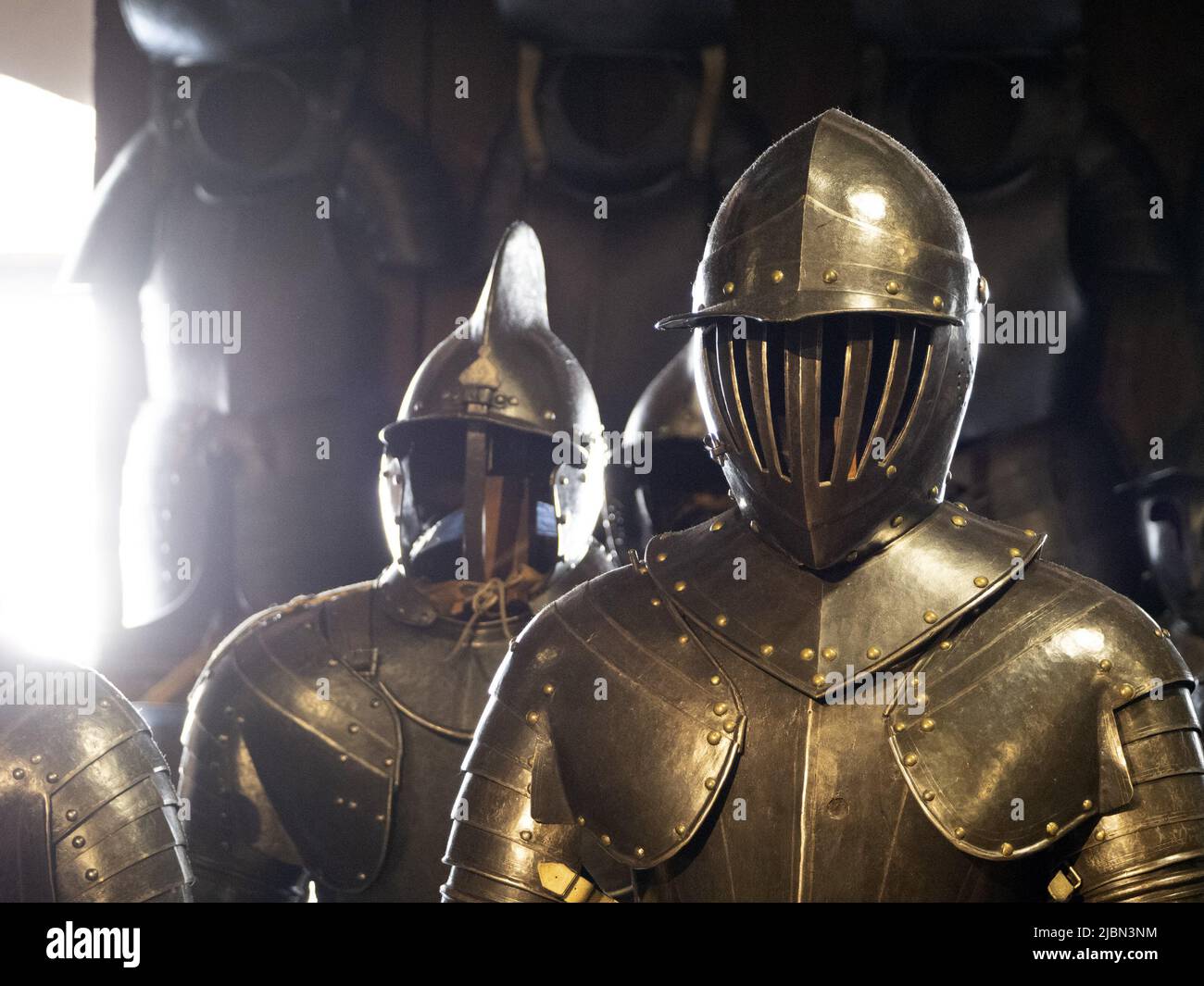 many medieval iron metal armors detail Stock Photo - Alamy
