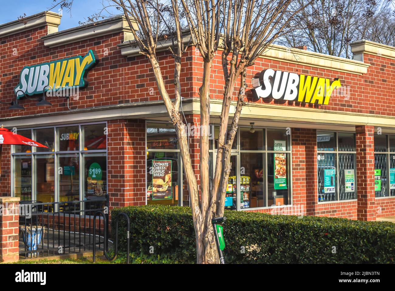 Subway sandwich shop's exterior facade brand and logo signage on a ...