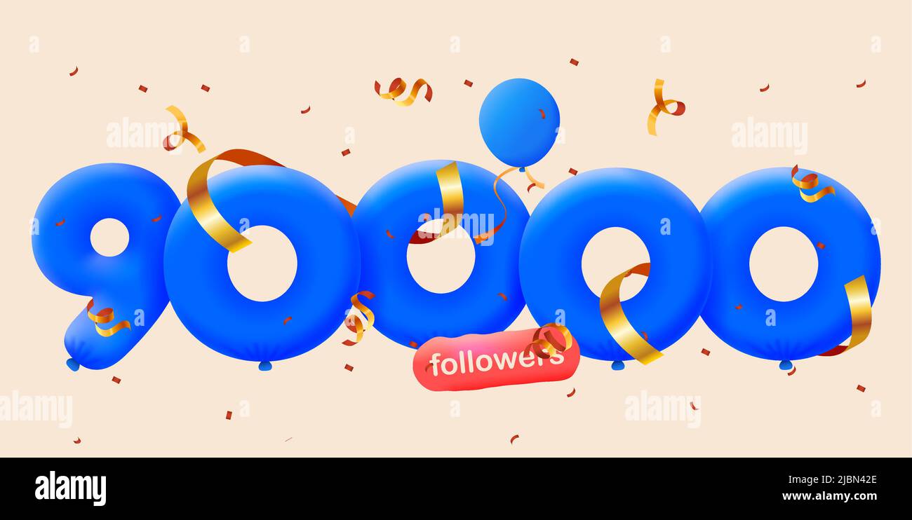 Banner with 90000 followers thank you in form of 3d blue balloons and ...
