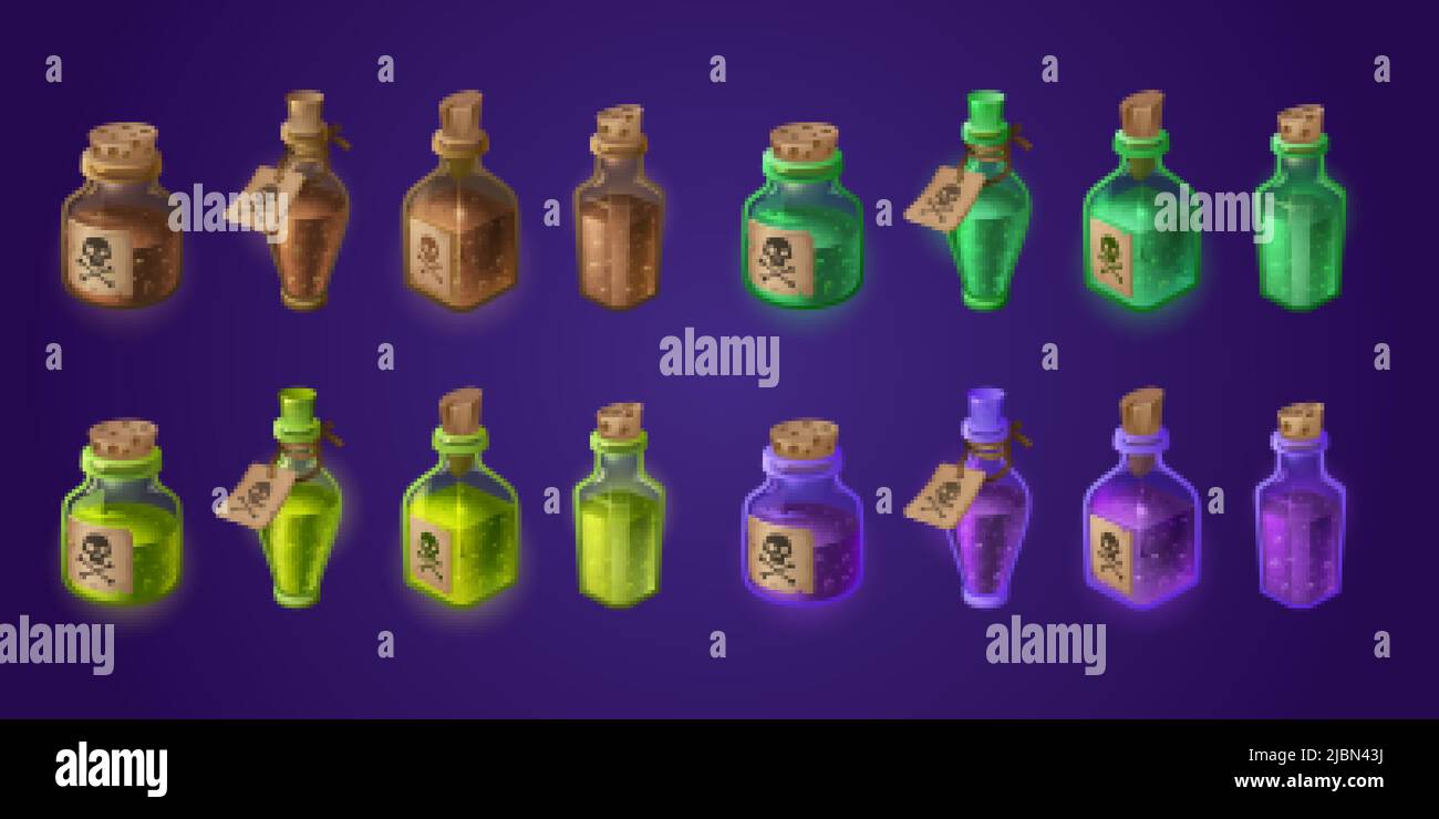 Bottles with poisons, toxic elixirs and chemical acids. Vector cartoon ...