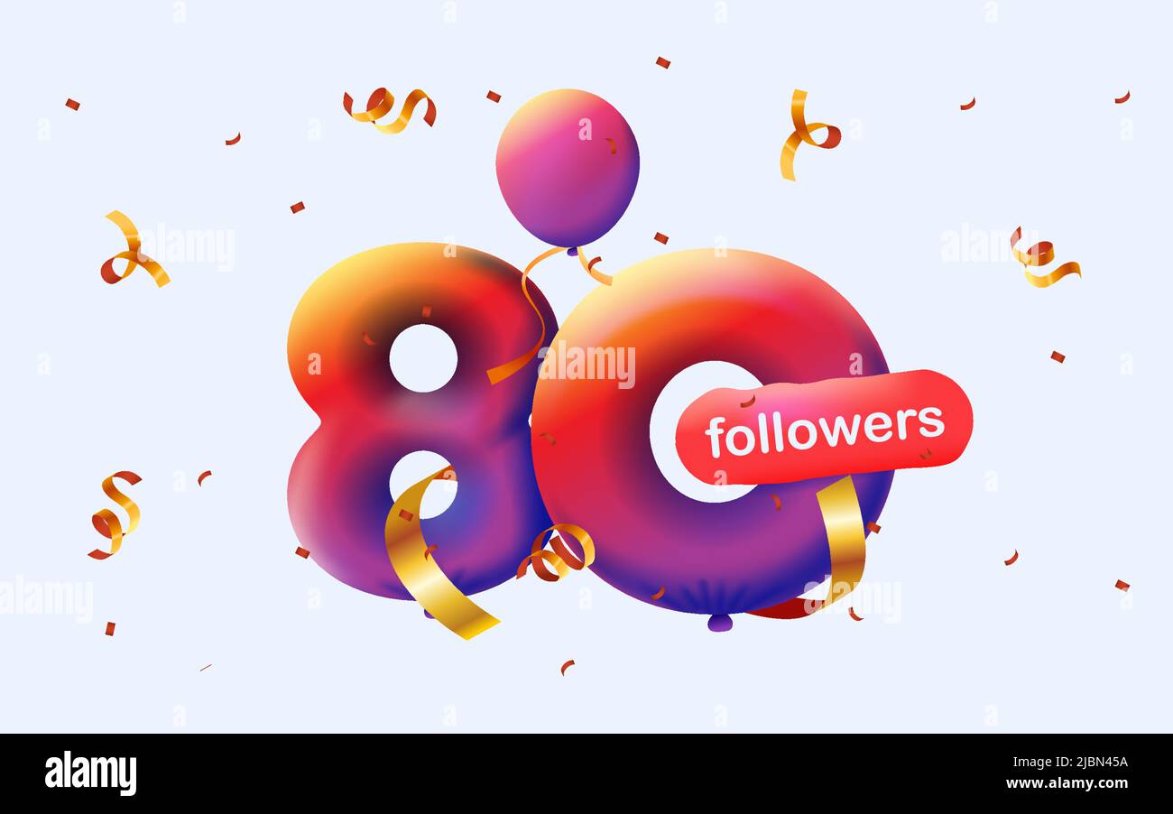 Banner with 80 followers thank you in form of 3d red balloons and ...
