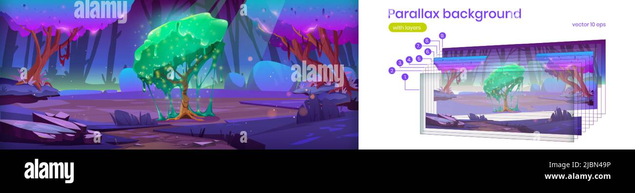 Magic forest landscape with fantasy alien tree with green dripping ...