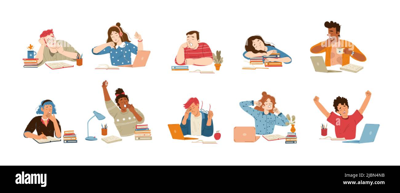 Tired people yawn while work or study at desk with books and laptop ...