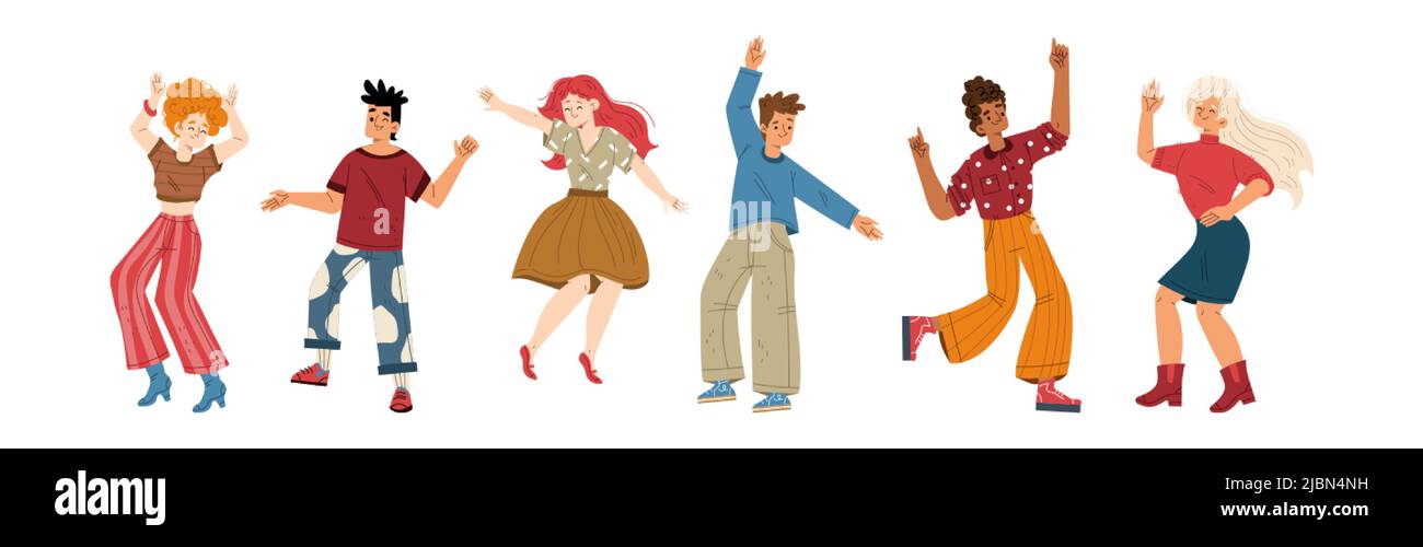 Happy young people dance and joy. Vector flat illustration of diverse ...