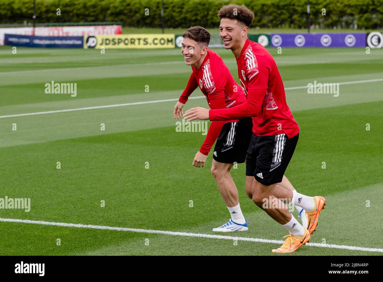 PONTYCLUN, WALES - 07 JUNE 2022: Wales' Harry Wilson and Wales' Ethan ...