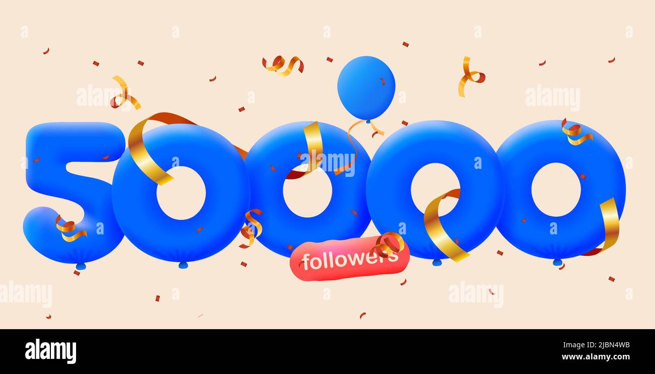 Banner with 50000 followers thank you in form of 3d blue balloons and ...
