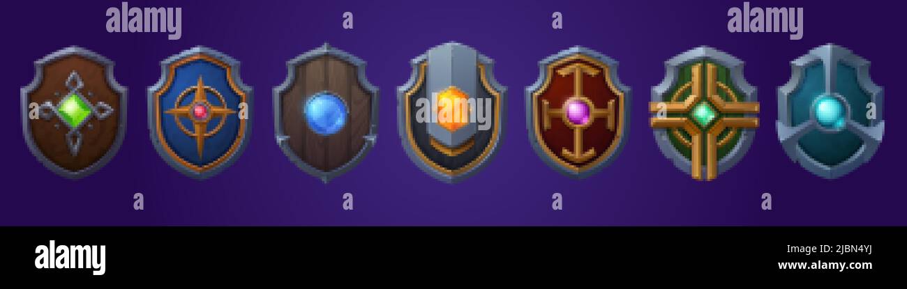 Set of game shields, cartoon fantasy medieval armor of metal and wood ...