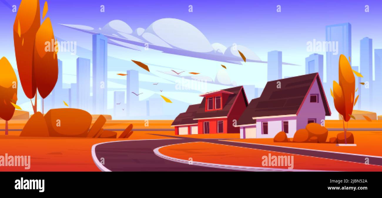 Suburb district with houses, road and city buildings on skyline in ...