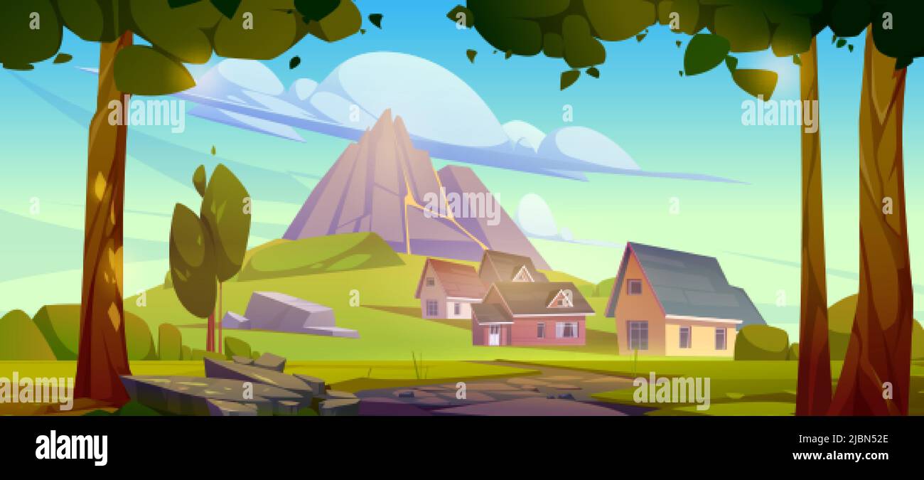 Summer landscape with mountain, village houses and trees. Vector ...