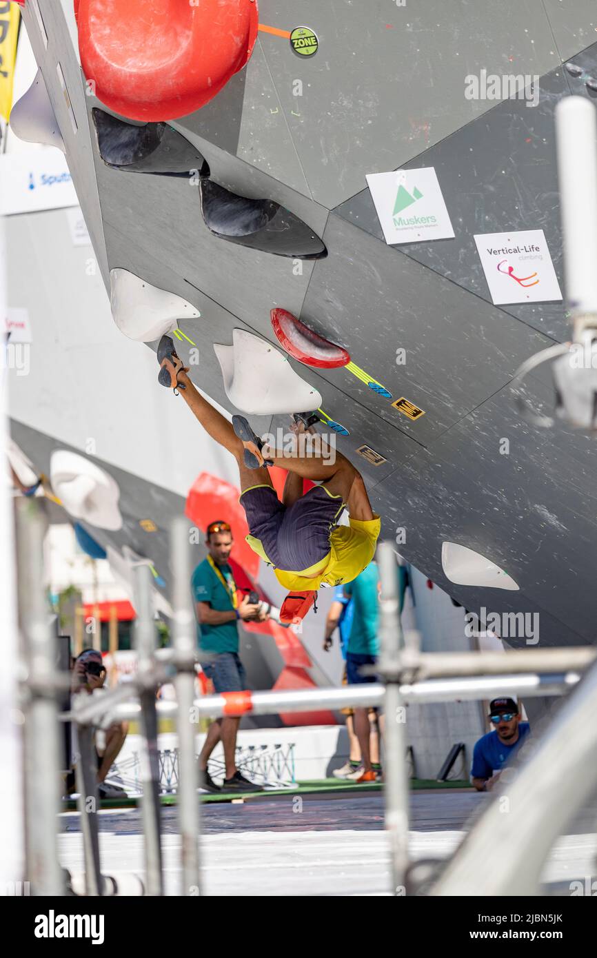 Climbing. Sport. Young person climbing in Block Climbing. Olympic ...