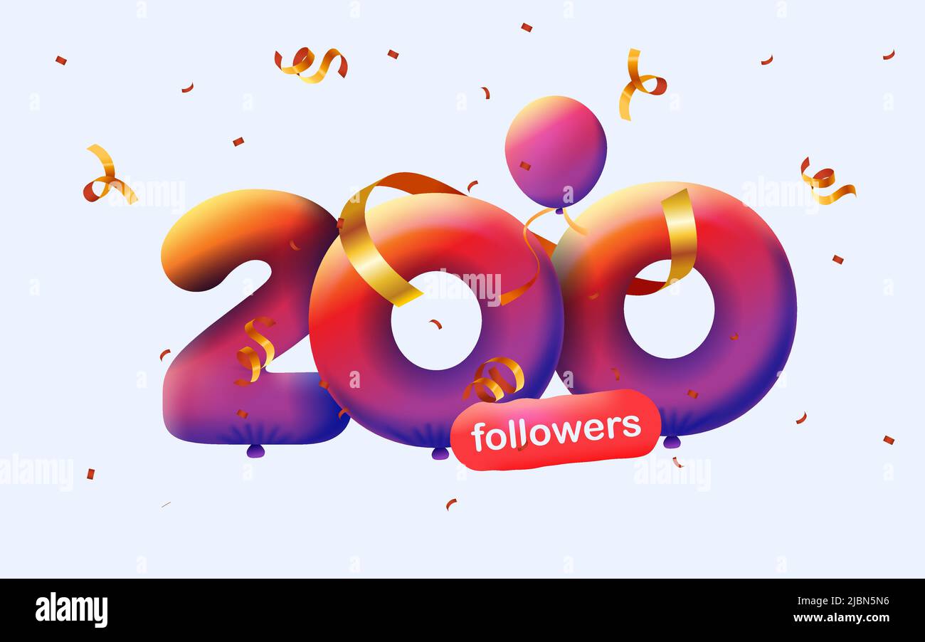 Banner with 200 followers thank you in form of 3d red balloons and ...